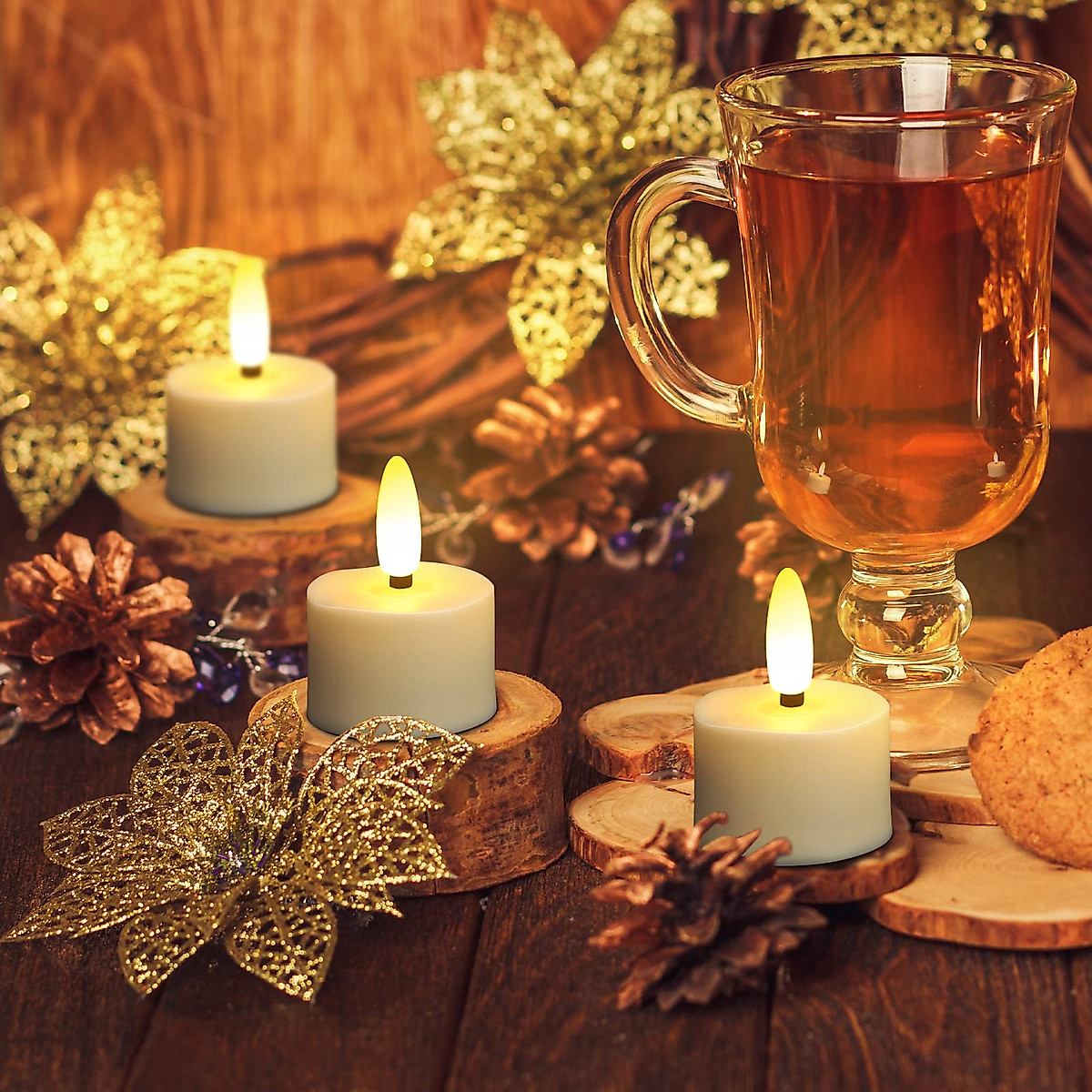 Daord USB Rechargeable 3D Wicks Tealights Candle Flameless Flickering Battery Operated with Remote Control & Timer Realistic Led Tea Lights for Halloween Christmas Home Decor (12 PCS,Rechargeable)