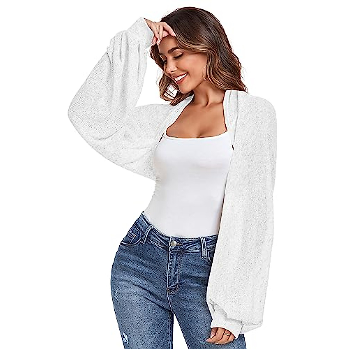 ZAFUL Women's Long Sleeve Open Front Bolero Shrug Crop Top Cardigan Elegant White L
