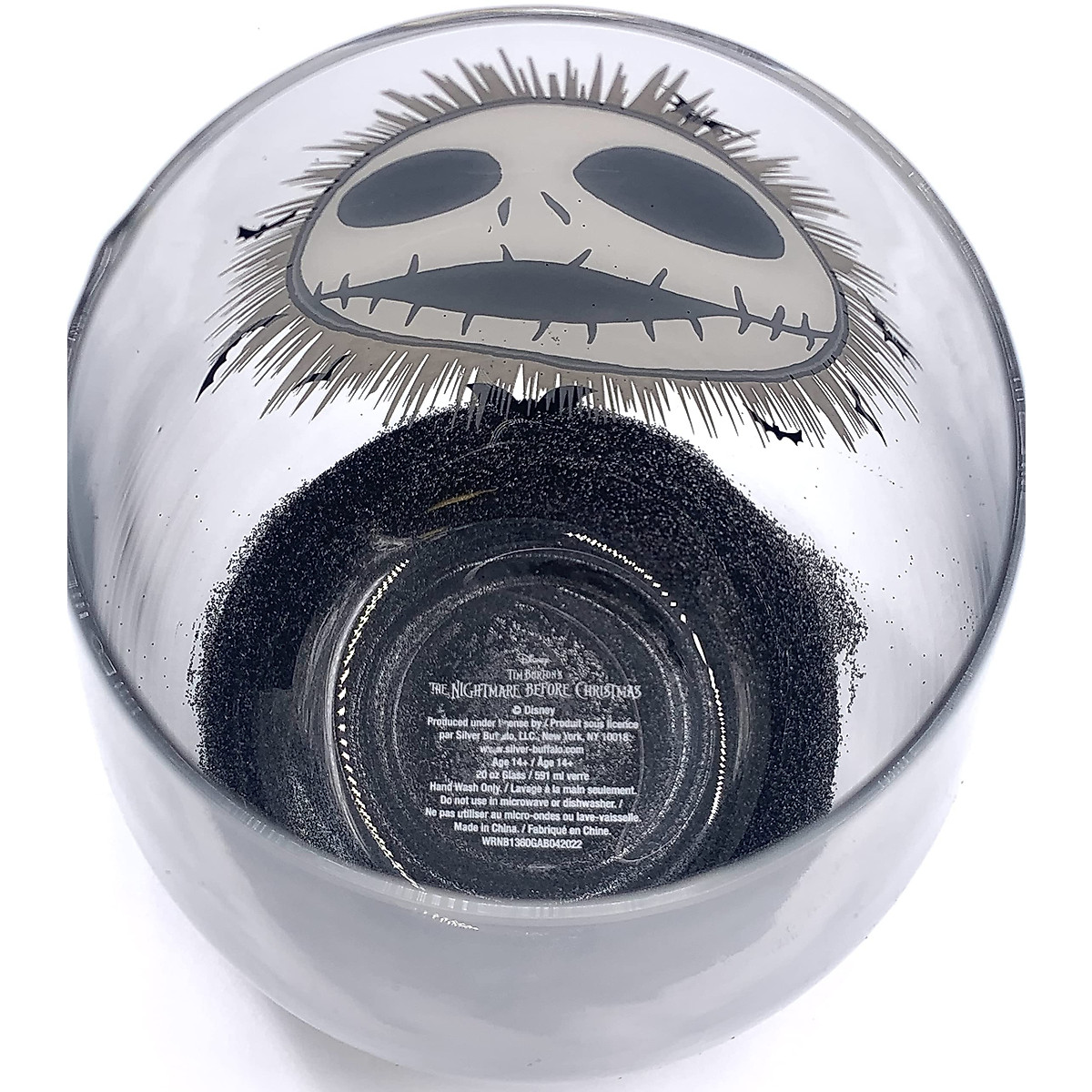 Disney Tim Burton’s The Nightmare Before Christmas Jack Skellington Face 20 Ounce Stemless Wine Glass with Glitter Base - Official Kitchen Collectible Novelty Drinkware Gifts
