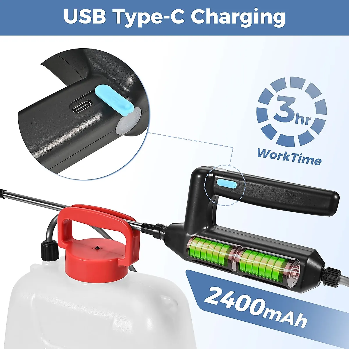 CENCANON 1.35 Gallon Battery Powered Sprayer, Electric Sprayer with USB Rechargeable Handle, Potable Garden Sprayer with Telescopic Wand, 2 Mist Nozzles and Adjustable Shoulder Strap