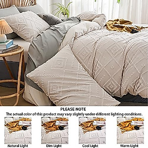 Senville Tufted Duvet Cover King Size,Jacquard Geometric Pattern,Soft Lightweight Beige Duvet Covers Set for All Seasons,3 Pieces Boho Shabby Chic Bedding Set with Zipper Closure(Cream Beige,King)