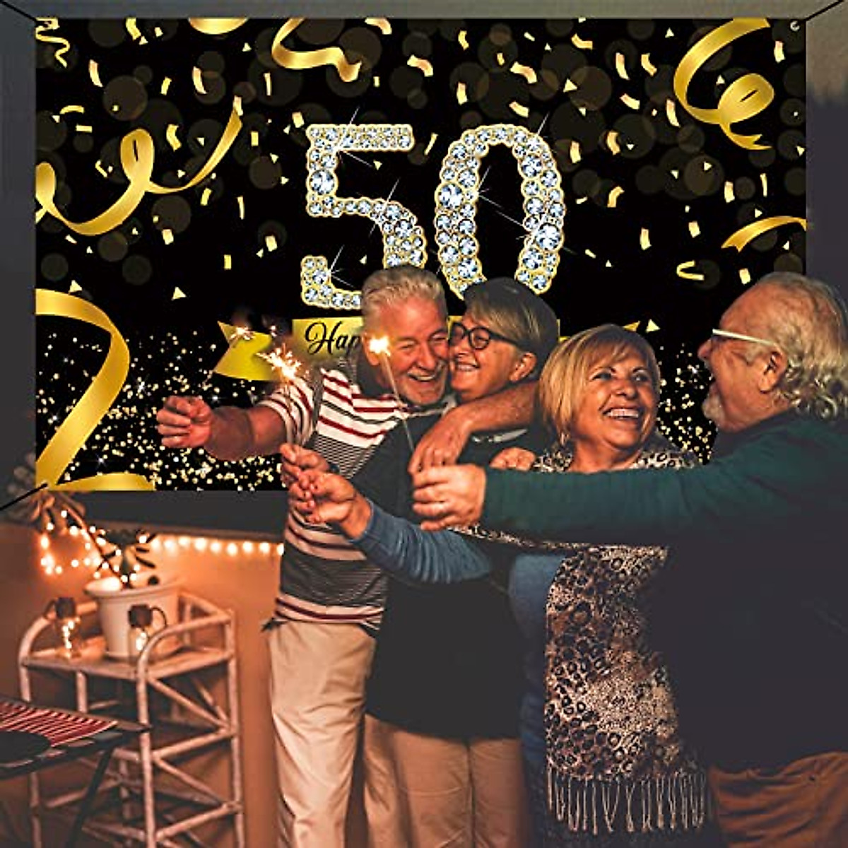 DARUNAXY Black Gold 50th Anniversary Party Decorations Happy 50th Anniversary Banner Cheer to 50 Years Backdrop 50 Wedding Anniversary Party Supplies for Parent 50th Anniversary Photography Background