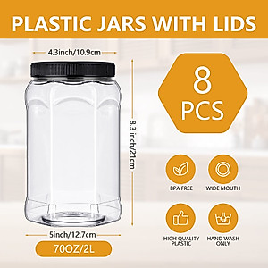 8 Pieces Large Clear Plastic Jars with Lids 70 oz Empty Storage Containers Hexagon Wide Opening Airtight Plastic Canisters with Lids for Kitchen Dry Food, Snacks, Flour, Sugar, Dog Food, Spice