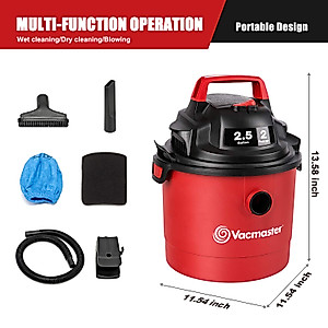 Vacmaster 2.5 Gallon Shop Vacuum Cleaner 2 Peak HP Power Suction Lightweight 3-in-1 Wet Dry Vacuum with Blower & Wall Mount Design for Cleaning Car, Boat, Pet Hair, Hard Floor