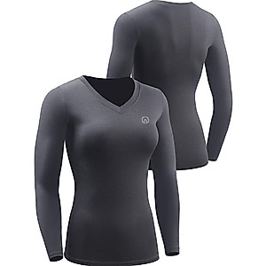 NELEUS Women's 3 Pack Compression Shirts Long Sleeve Yoga Athletic Running Shirts,V-Neck,Black/Grey/Navy Blue,L