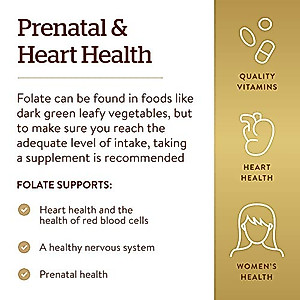 Solgar Folate 1,333 MCG Dietary Folate Equivalent (800 mcg Folic Acid), 250 Tablets - Heart Health, Healthy Nervous System, Prenatal Support - Non-GMO, Vegan, Gluten Free, Dairy Free - 250 Servings