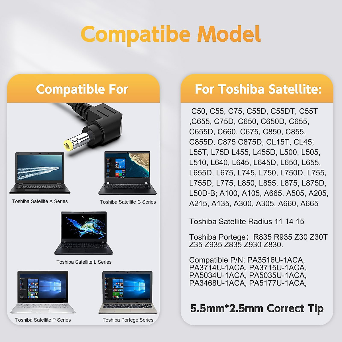 65W Laptop Charger for Toshiba Satellite C55 C55D C655 C855 C855D L55 L745 L655 L755 P755 S55 S55T A105 A215 A505 A665; PA3822U-1ACA, PA3917U-1ACA, PA5177U-1ACA, PA5178U-1ACA Power Supply Cord