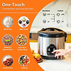 MOOSUM Electric Rice Cooker with One Touch for Asian Japanese Sushi Rice, 10-cup Uncooked, Fast&Convenient Cooker with Steamer, Removable Inner Cover and Auto Warmer, Silver