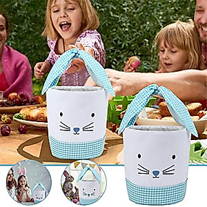 Leziazany Plaid Easter Bunny Basket Bags for Kids Canvas Egg Hunt Basket Bucket Monogrammed Rabbit Egg Gift Bags Polka Dot Portable Easter Tote Bag Party Candy Storage Decoration…