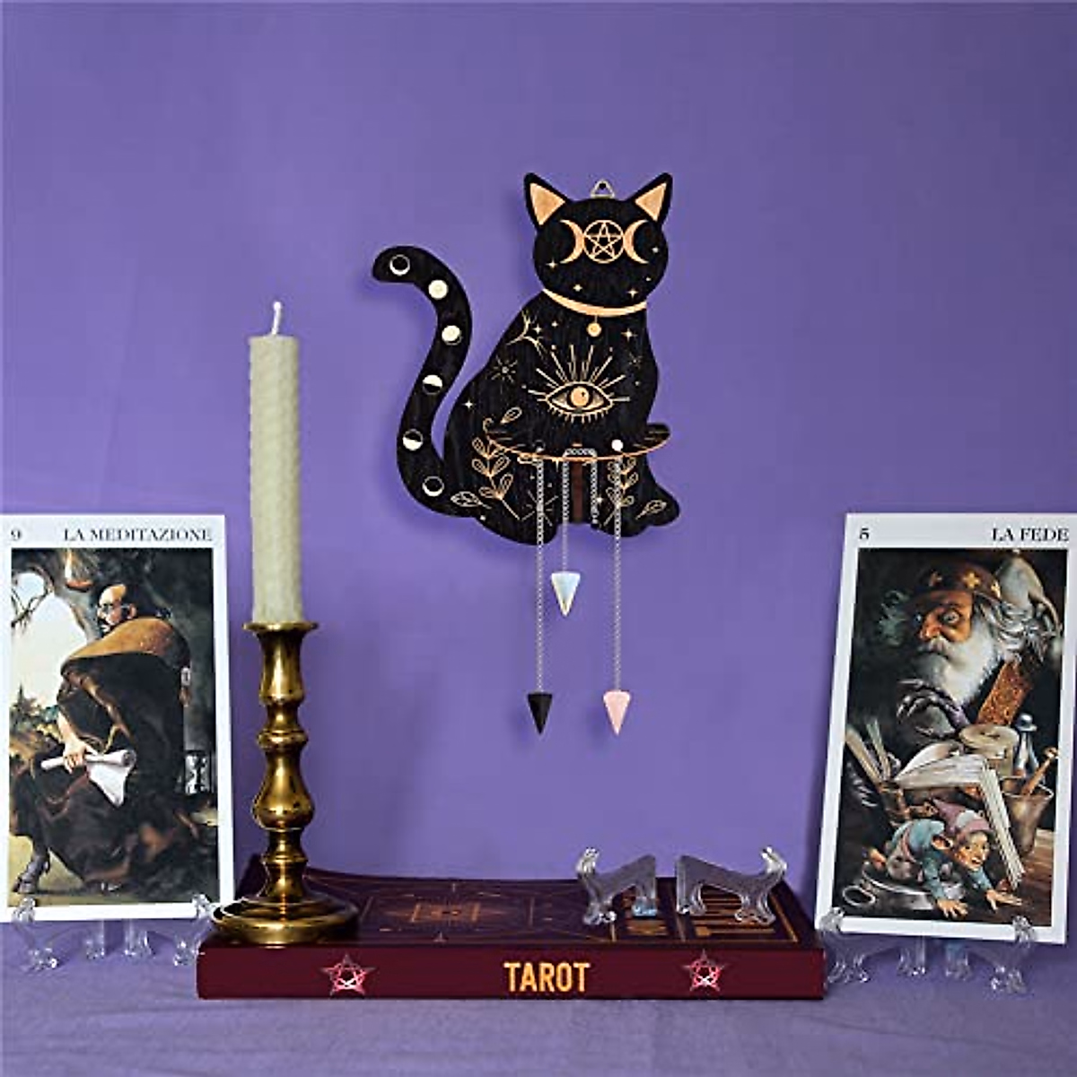 CRASPIRE Small Crystal Shelf Cat Black Crystal Display Shelf Magical Boho Wooden Witch Altar Wall Mounted Hanging Rustic Crystal Holder Stand with 3 Pieces Crystals Stones for Wall Decor