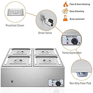 ROVSUN 42.3QT 4-Pan Electric Commercial Food Warmer, 110V Stainless Steel Bain Marie Buffet, 10.6 QT/Pan Stove Steam Table with Temperature Control & Lid for Parties, Catering, Restaurants