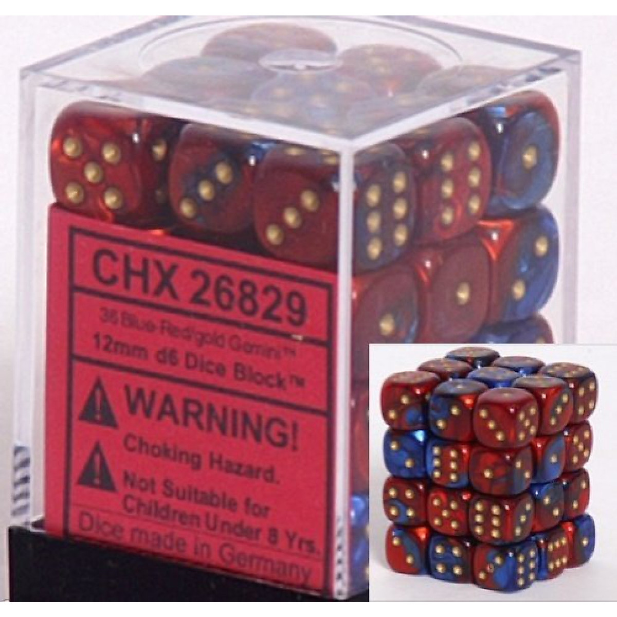 Chessex Dice d6 Sets: Gemini Blue & Red with Gold - 12mm Six Sided Die (36) Block of Dice