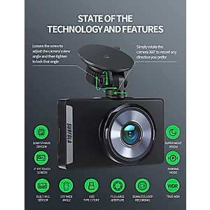 4K Dash Cam WiFi GPS - Front and Rear Dual Dash Camera for Cars, 3" IPS Touchscreen, Sony Sensor, Super Night Vision, Parking Mode, Support 256GB Max, Surfola SD810