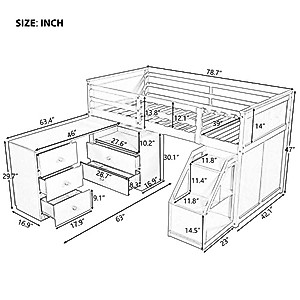 Twin Loft Bed for Kids, Low Study Wooden Loft Bed Frame with Movable Portable Desk and Storage Steps, Low Loft Bed for Kids, Teens (Gray)