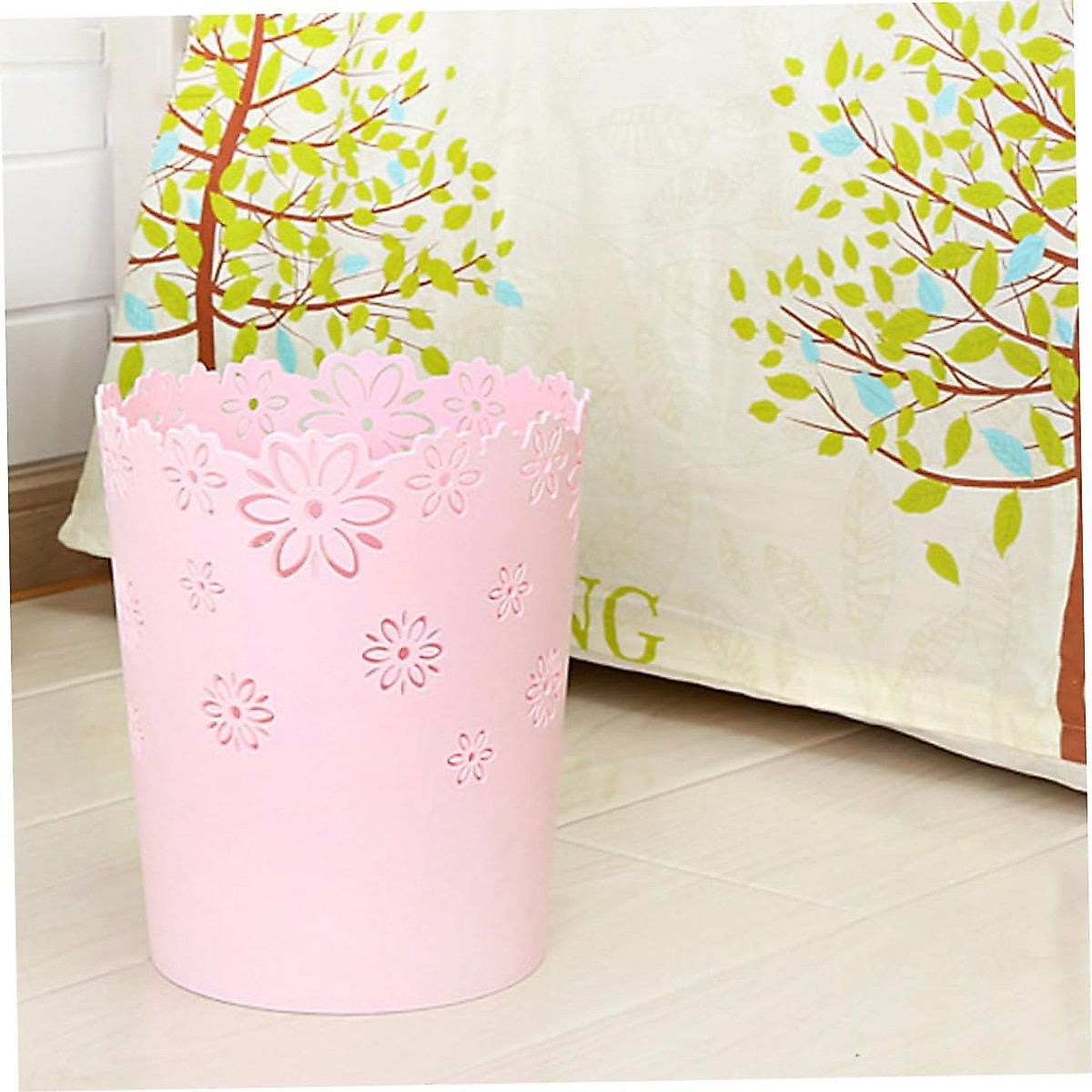 Comebachome Plastic Trash Can, Waste Paper Bin Flower Lace Waste Basket Round Rubbish Bin Hollow Garbage Can for Bedroom Bathroom Kitchen Office L