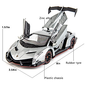 WAKAKAC Diecast Car for Lambo Veneno Model Car 1/24 Scale Sports Toy Vehicle Door Can be Opened Toy Car Front Wheel Steerable (Gray)
