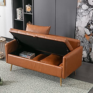 Ya-Home Modern Loveseat Sofa Comfy PU Leather with Armrest and Pillows, Upholstered Tufted Couch Love Seat Sofa with Storage Function for Living Room Office, Brown
