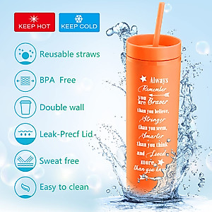 Meanplan 10 Pieces Inspirational Skinny Tumblers Always Remember You Are Braver Than You Believe, Inspirational Gifts for Teachers Friend Birthday, 16 oz Colored Double Walled Plastic Cup with Straw