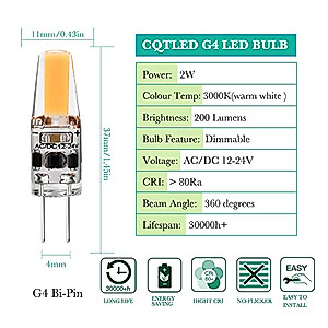 G4 Led Bulb Dimmable 2W Warm White 3000K,AC/DC12V-24V 1505 COB Led Light Bulbs Equivalent to 20W T3 JC Type Bi-Pin G4 Base Halogen Bulb(6 Pack)