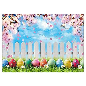 Funnytree 7x5FT Spring Easter Backdrop Colorful Eggs Pink Cherry Blossoms Flower Blue Sky Background Kids Baby Shower Party Supplies Decor Banner Portrait Studio Photography Prop Photobooth Gift