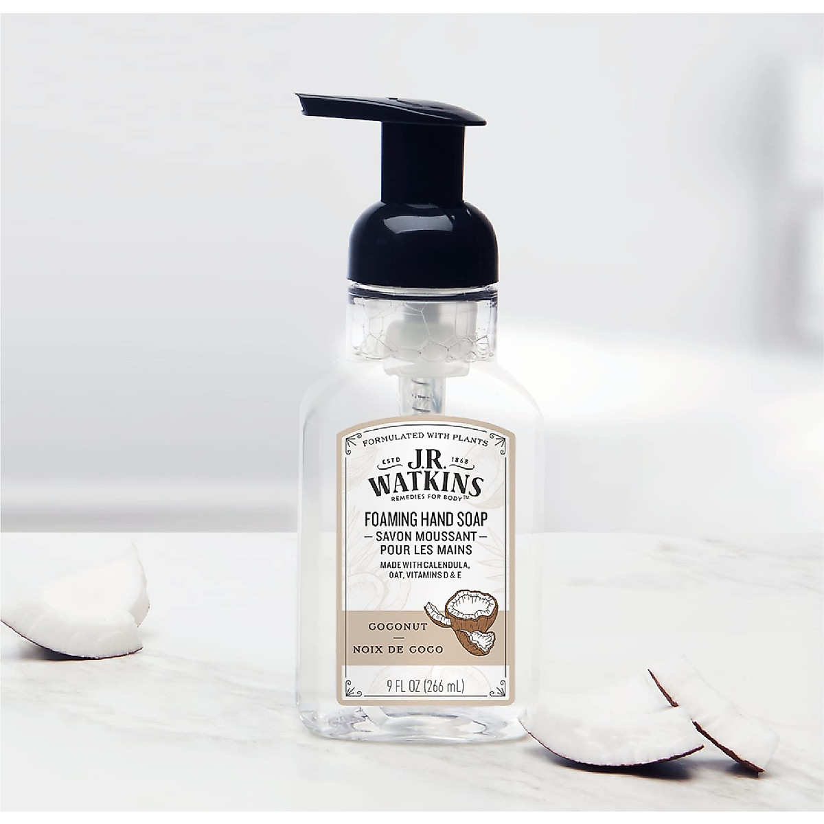 J.R. Watkins Foaming Hand Soap Pump with Dispenser, Moisturizing All Natural Hand Soap Foam, Alcohol-Free Hand Wash, Cruelty-Free, Use as Kitchen or Bathroom Soap, Coconut, 9 fl oz, 3 Pack