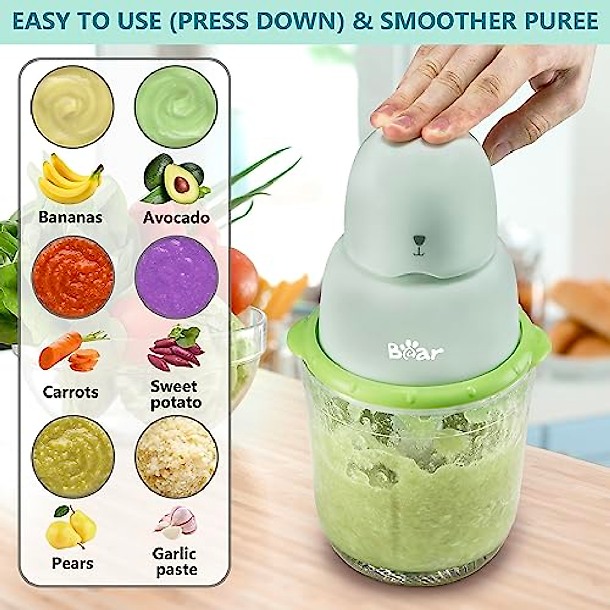 Bear Baby Food Maker, Baby Food Processor Set for Fruit, Vegetable, Meat, Baby Food Puree Blender with 2 Glass Bowls, Baby Food Containers, Baby Spoons, (Light Green)