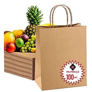 57 Lb Large Kraft Paper Grocery Bags with Handles - 50 Count 12 x 17 x 7 - Durable, Reusable & Eco-Friendly Shopping Bags, Brown Kraft Take-Out Bags for Retail, To-Go, Any Occasion (50, With Handles)