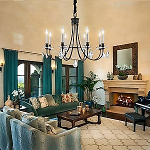 Kaluxry Black Crystal Chandeliers,8 Lights Farmhouse Crystals chandelier for Dining Room, French Century Ceiling Light Fixtures Modern Vintage Pendant Lighting for Living Room, Bedroom, foyer