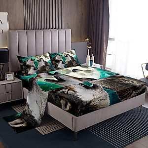 Erosebridal Wolf Bedding Sets Moon Stars Fitted Sheet Safari Animals Bed Sheets for Kids Boys Girls Adults Nebula Marble Galaxy Space Wolves Top Flat Sheet with 2 Pillow Cases Bedroom Decor Full