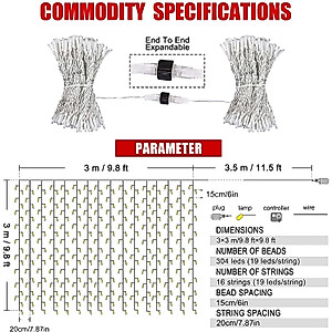 HEYFUNi Fiee Curtain Lights,304L 9.8ftX9.8ft 30V 8Modes Safety Window Lights for Home Wedding Christmas Party Patio Lawn Garden Bedroom Outdoor Indoor Wall Decorations (304LED, Warm White+White)