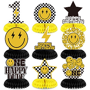 Outus 9 Pcs One Happy Dude Honeycomb Centerpiece One Happy Dude 1st Birthday Party Decoration Set Smile Face Table Toppers Centerpieces Party Supplies for Wedding Baby Shower Birthday Party Home Decor