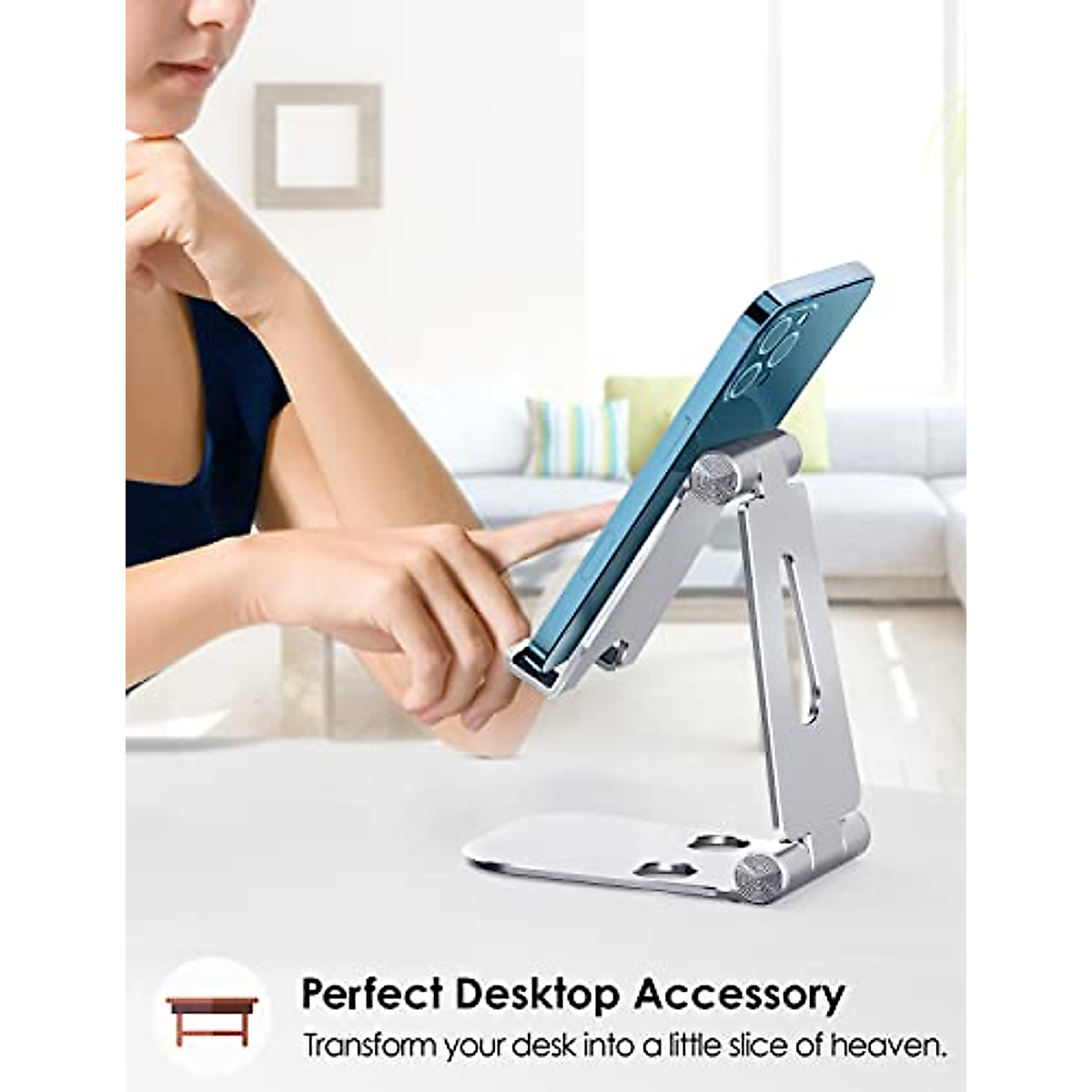 KTRIO Adjustable Cell Phone Stand, Aluminum Phone Stand for Desk, Foldable Phone Holder Compatible with iPhone 13 Pro Max 11 12 Xr 8 7 SE, Pad, Tablet, Smartphone - Silver