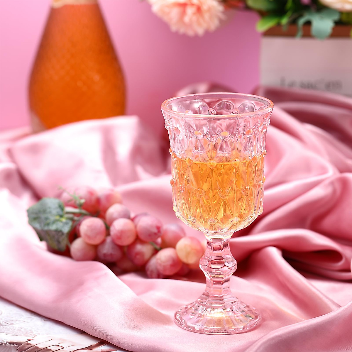 12 Packs Glass Goblet Set, Pink Wine Glasses Glassware Goblet, 7 oz Drinking Glasses Water Goblets Vintage Drinking Glassware Embossed Wine Glass Solid Color Glass Goblet for Wedding Party Restaurant