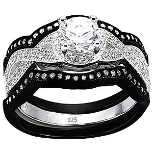 VPKJewelry Real 925 Sterling Silver Wedding Engagement 3 pc set Black White Weddings Engagement Adult Ladies Womens Ring 3.60 ct (10)