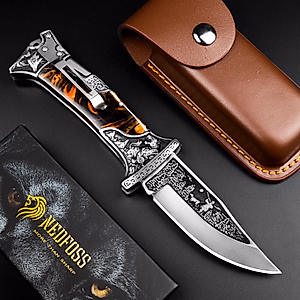 NedFoss TIGER ROAR Pocket Knife for Men, 3.5 inch Engraved Unique Folding Knife, Pocket Knives with Holster, Cool Knives, Personalized Gifts for Men