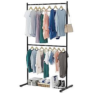 KKgoubz Clothes Rack Double Rod Clothing Rack,Garment Racks for Hanging Clothes,Metal Garment Rack with Bottom Storage,Carbon Steel Black