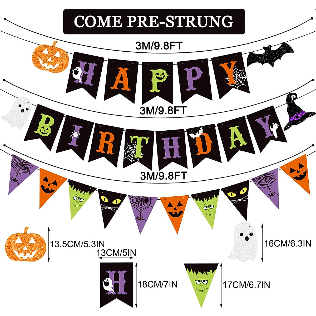 JKQ Colorful Halloween Happy Birthday Banner and Halloween Pattern Pennant Banner Halloween Birthday Paper Bunting Banner with Pumpkin Ghost Halloween Boys Girls Birthday Baby Shower Party Decorations