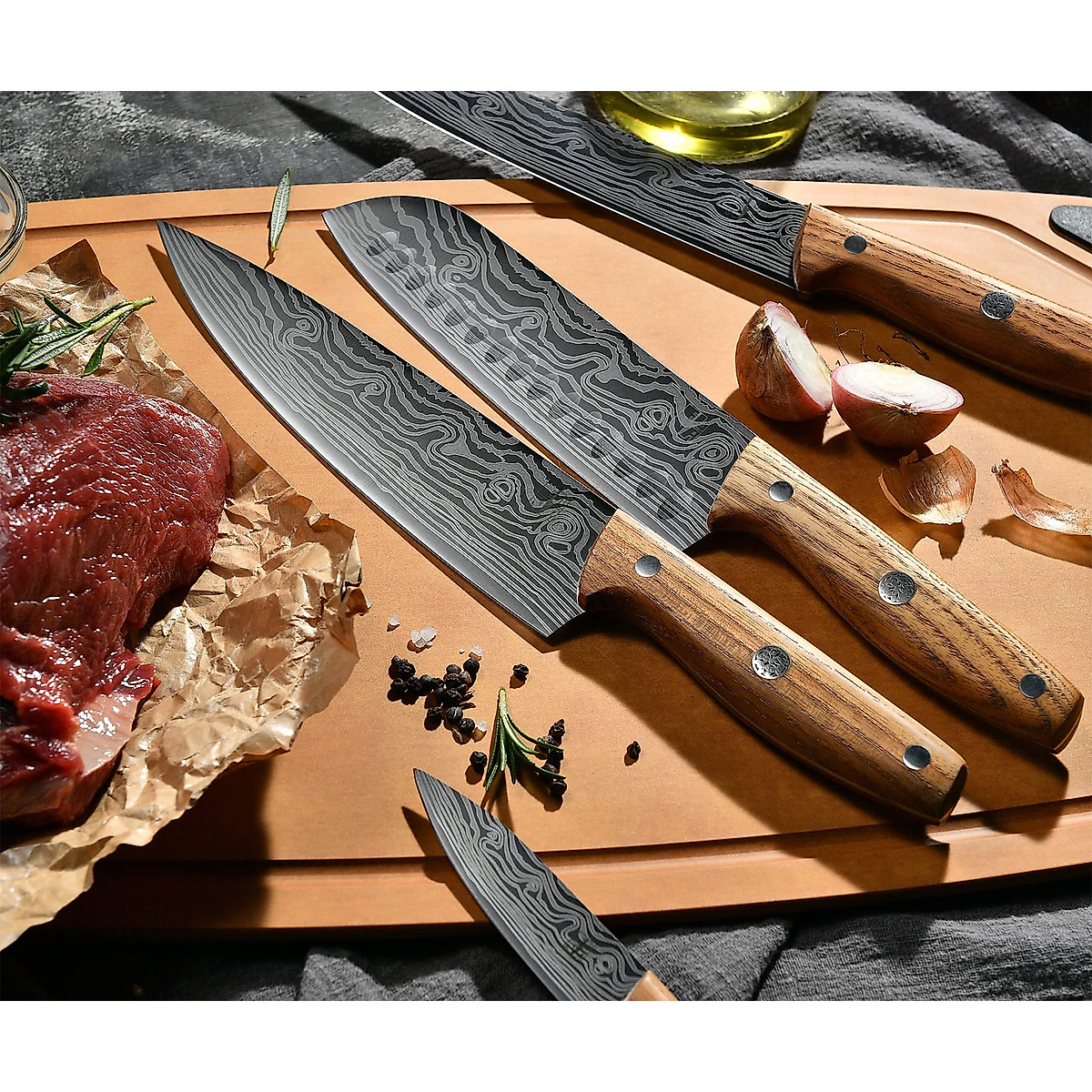 Knife Set, 7 Pieces Knife Block Set, EUNA Kitchen Knife Set with Wooden Handle, Japanese Stainless Steel Chef Knife Set Professional Cooking Knives, Silver