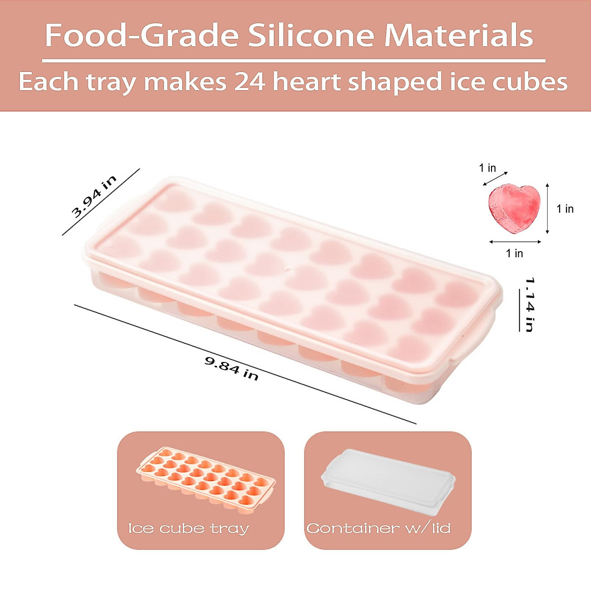 2 Pack Heart-Shaped Ice Cube Trays with lid and bin - 48 Holes Silicone Mini Heart Ice Cube Tray, BPA Free and Dishwasher Safe, Heart Shape Ice Cube Mold, Easy to Remove