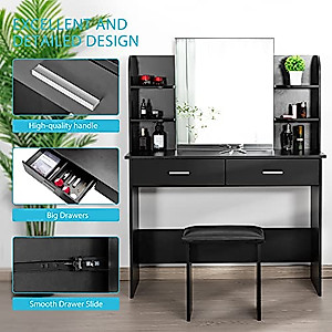 VIVOHOME Makeup Vanity Table Set with 3-Color Dimmable Lighted Mirror, 6 Storage Shelves, 2 Drawers, Cushioned Stool, Black