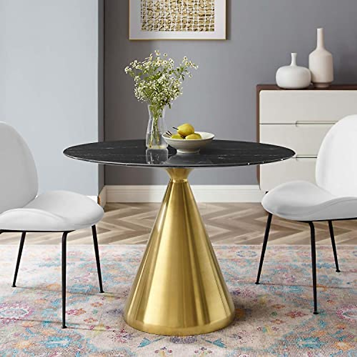 Modway Tupelo Oval Artificial Marble 42" Dining Table, 42 Inch, Gold Black