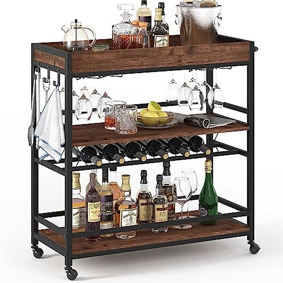 BON AUGURE Bar Cart for The Home, Rolling Home Bar Serving Cart on Wheels, 3 Tier Liquor Beverage Cart for Home Bar with Wine Rack and Glass Holder, Rustic Oak
