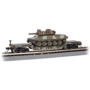 Bachmann Trains - 52' Center-Depressed Flat CAR with Sheridan Tank - Green CAMO - N Scale