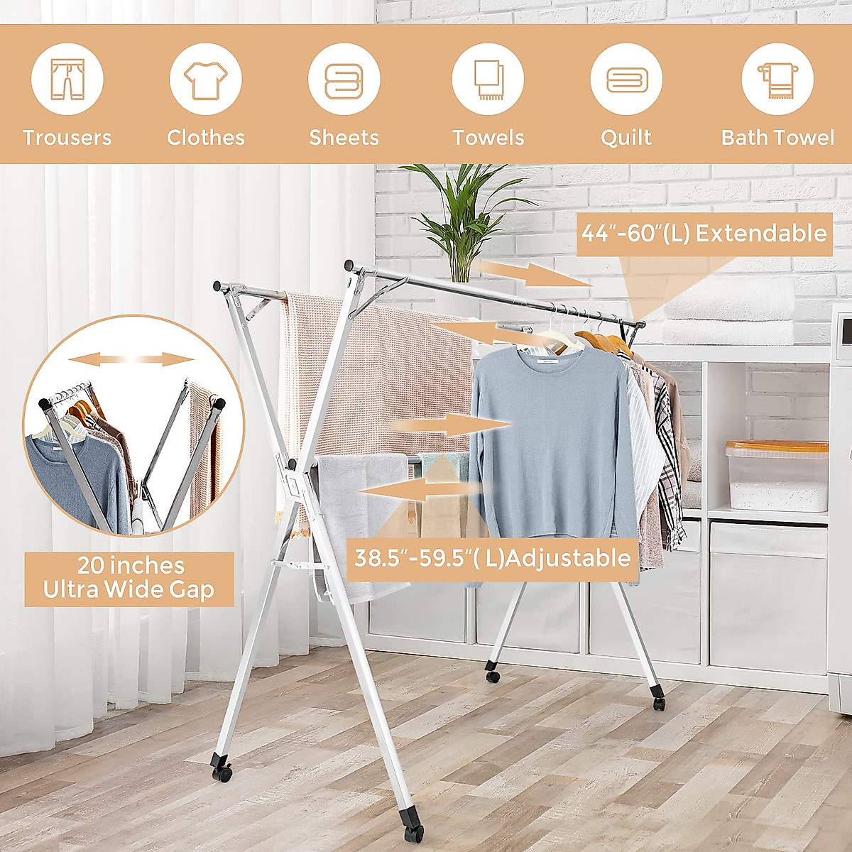 Nightcore Clothes Drying Rack, Stainless Steel Garment Rack with 4 Universal Wheels, Free of Installation, Foldable & Length Adjustable Hanger Rack for Indoor Outdoor