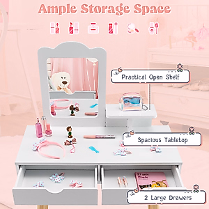 HONEY JOY Kids Vanity, Toddler Dressing Table & Chair for Bedroom, 2 Storage Drawer & Square Mirror, Princess Makeup Vanity Set for Little Girls Age 3+, Wood Girls Vanity Set w/Stool (White)