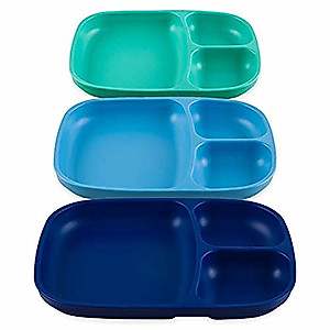 Re-Play Made in USA Large, Deep Walled Divided Plates for Kids, Set of 3 - Reusable 3 Compartment Plates, Dishwasher and Microwave Safe - 9" x 7.5" x 1.25" Divided Trays, True Blue