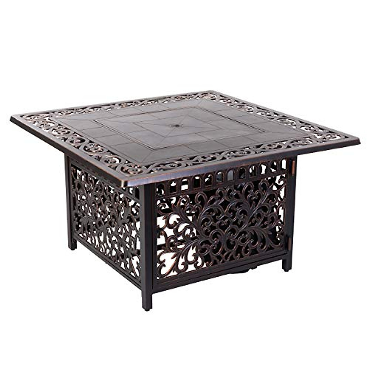 Fire Sense 62527 Sedona Aluminum Convertible Gas Fire Pit Table 55,000 BTU Outdoor Multi-Functional Fire Pit with Fire Bowl Lid, Nylon Weather Cover & Clear Fire Glass - Bronze Finish - Square