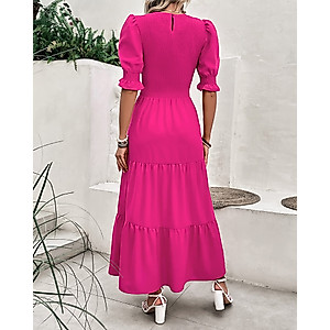BTFBM Women Casual Summer Dresses 2024 Spring Crew Neck Ruffle Short Sleeve Floral Print Smocked Boho Flowy Maxi Dress(Solid Rose Red, Small)