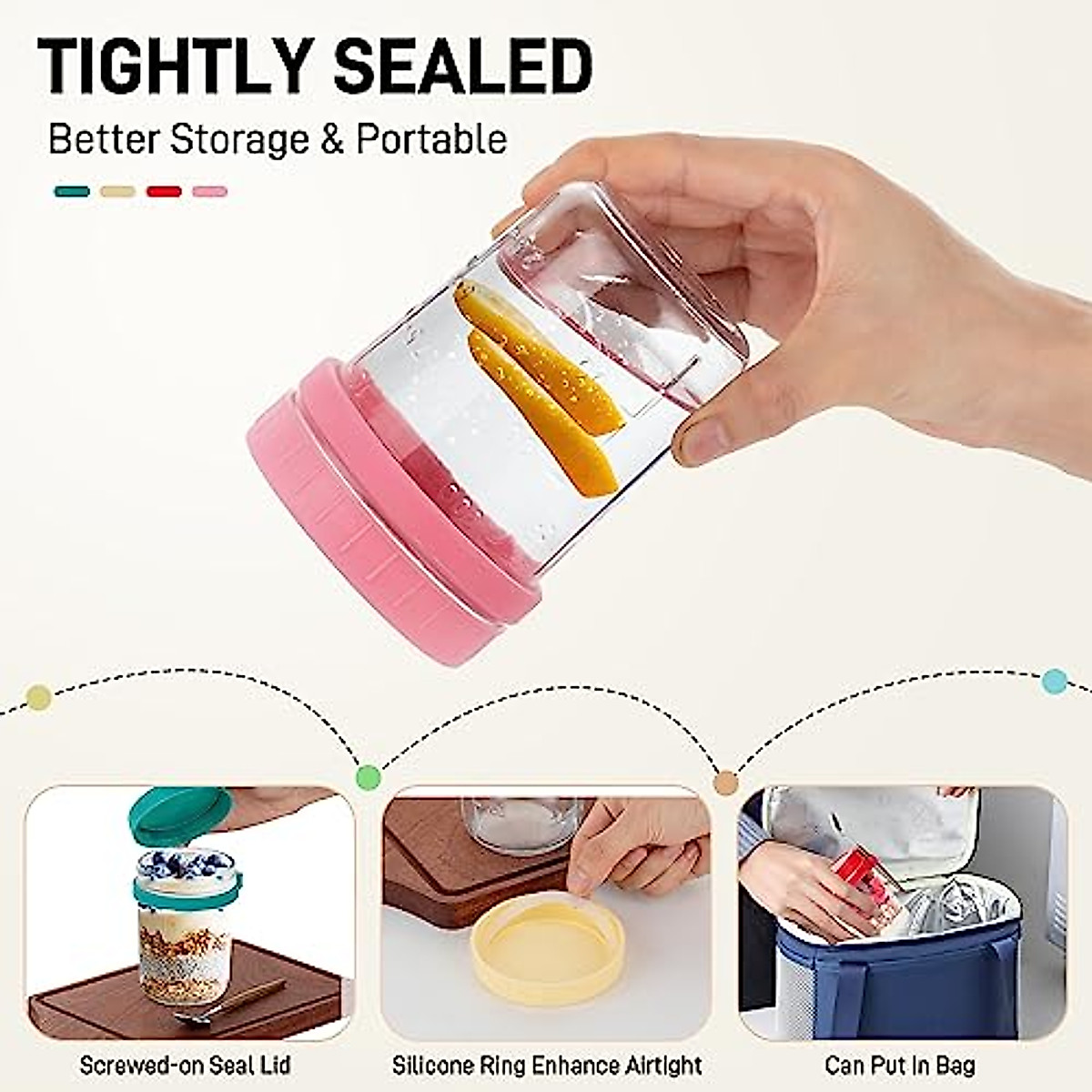 Dyserbuy 4 Pack Overnight Oats Containers with Lids and Spoons, 16 oz Glass Mason Jars for Overnight Oats, Airtight Jars with Measurement Marks for Milk, Cereal On The Go Container