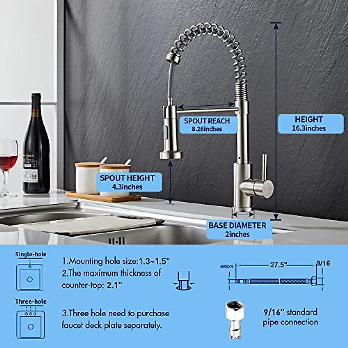 KSUCBOHAR Brushed Kitchen Faucet with Pull Down Sprayer, Solid Brass Single Handle High Arc Spring Pull Down Kitchen Sink Faucet Without Bottom Plate, Brushed